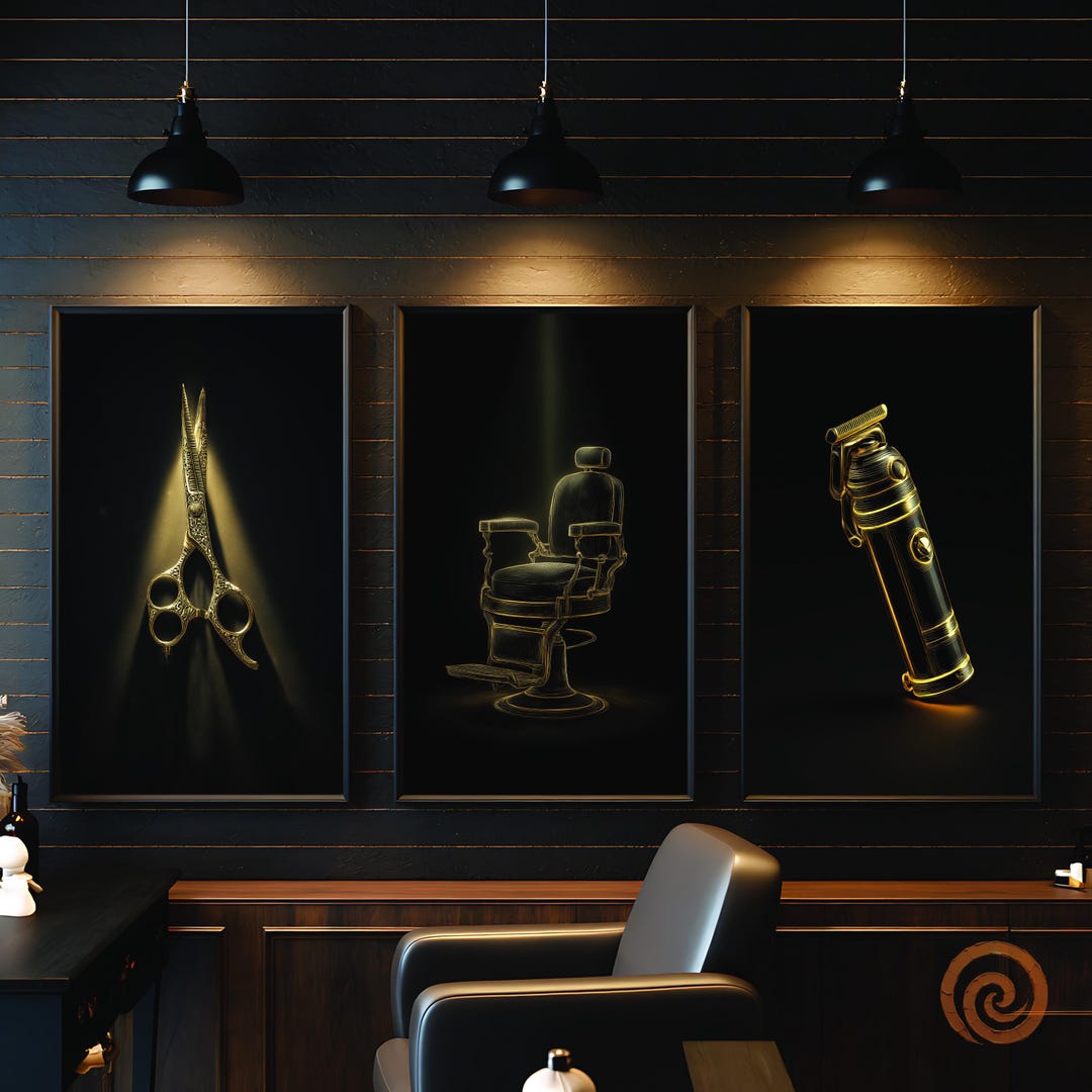 Barbershop Decor Set, Luxury Black Gold Wall Art, Barber Chair Clipper ...