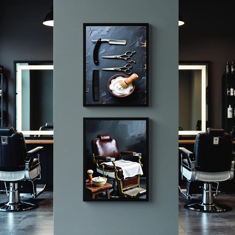 Hairdresser Art Wall Set of 2 | Vintage Barber Chair and Shaving Tools ...