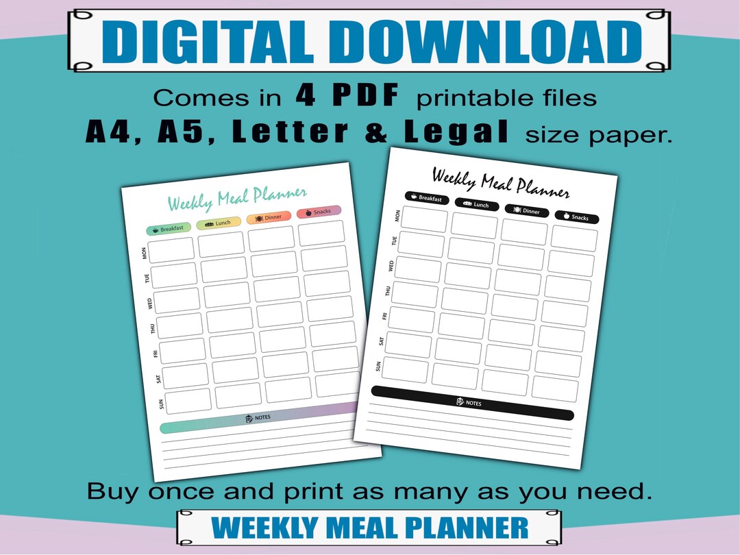 Weekly Meal Planner | Meal Prep | Meal Plan | Printable | PDF File | A4 ...