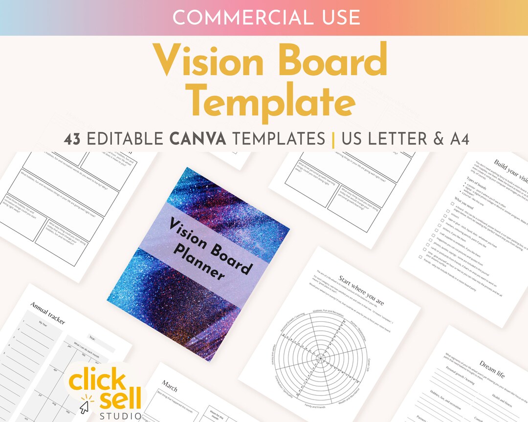 Vision Board Planner Editable Canva Template COMMERCIAL USE - Etsy