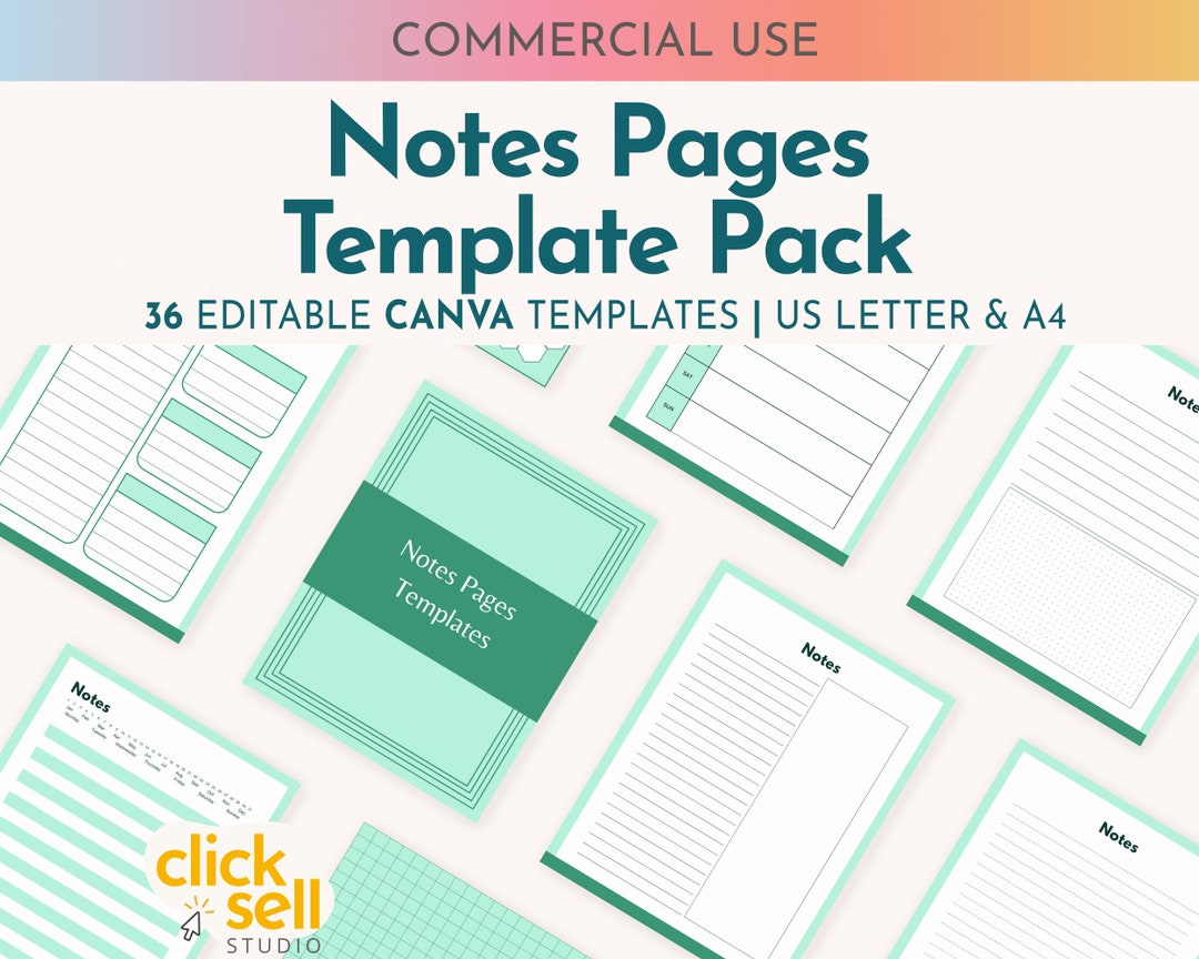 Notes Pages Pack Editable Canva Template | Commercial Use | A4 / US ...