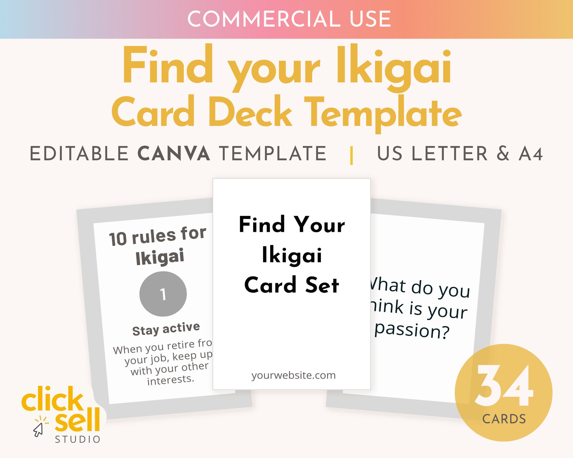 Ikigai Card Deck Editable Canva Template | COMMERCIAL USE | Standard ...