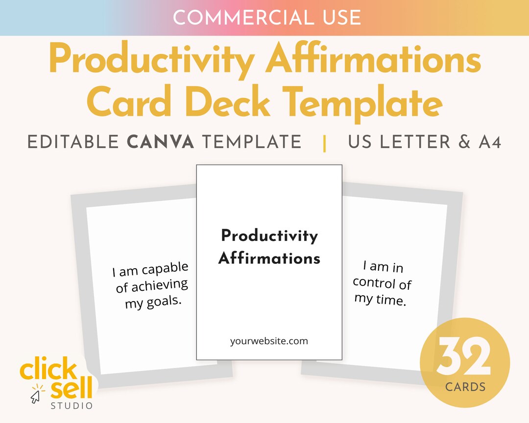 Productivity Affirmations Card Deck: Editable Canva Template ...