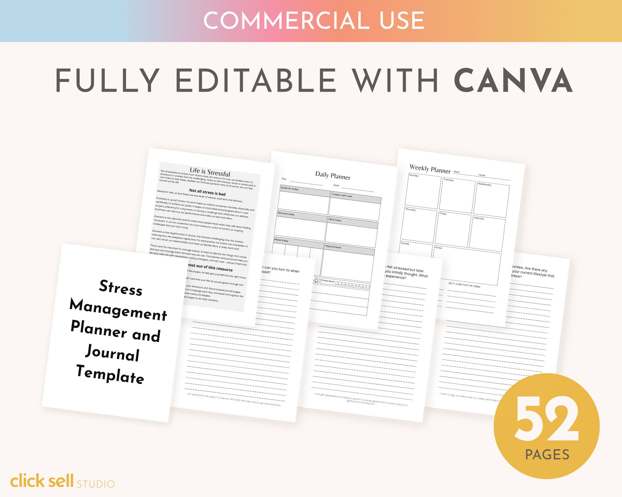 Stress Management Planner and Journal Editable Canva Template - Etsy