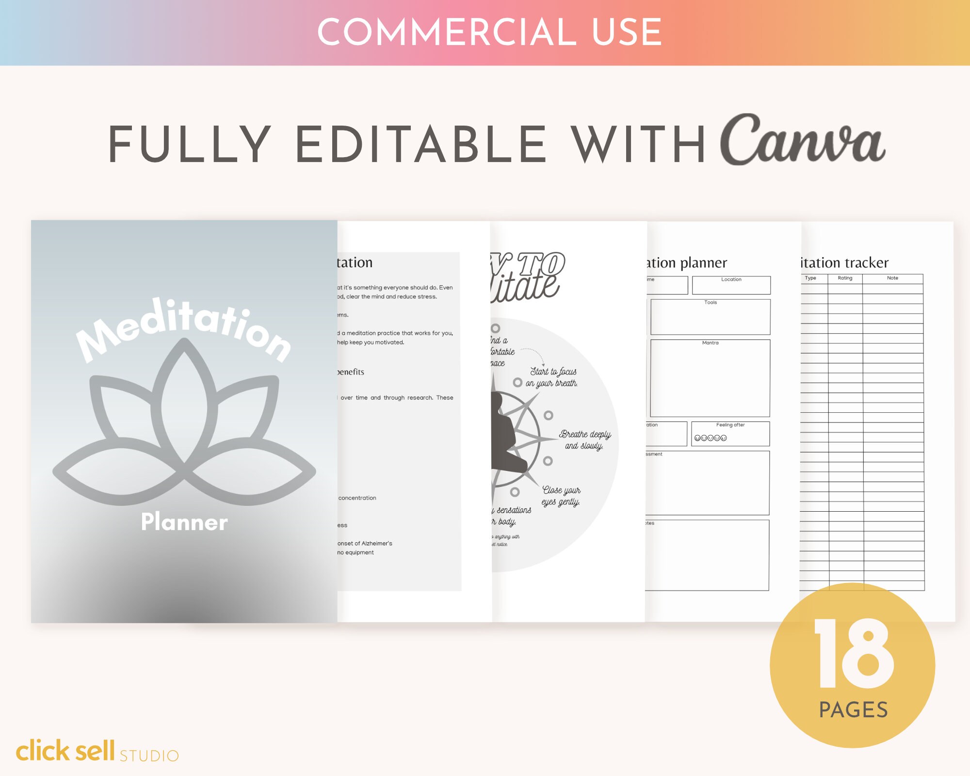 Meditation Planner Editable Canva Template COMMERCIAL USE - Etsy