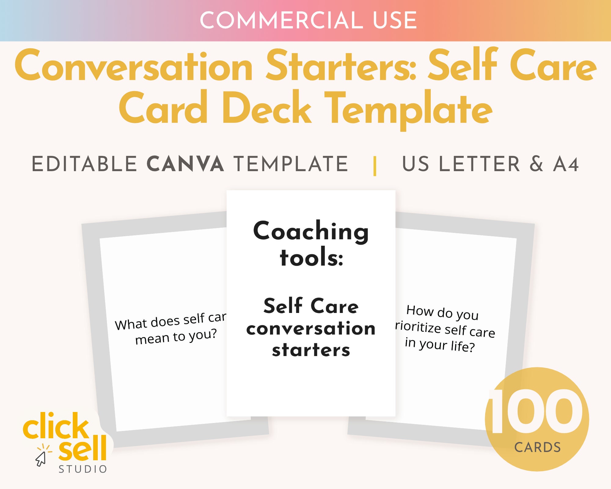Self Care Conversation Starters 100 Card Deck Editable Canva - Etsy