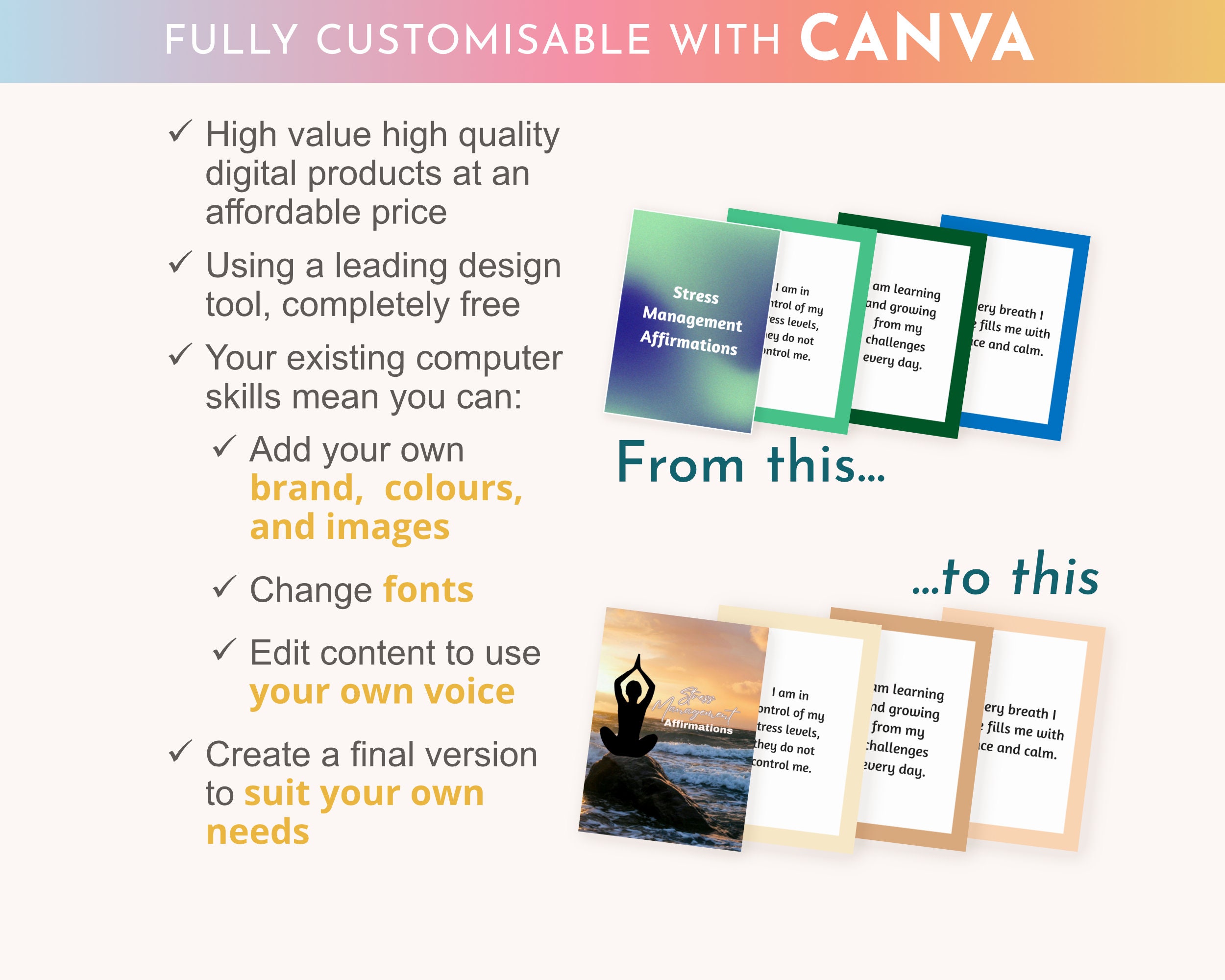 Stress Management Affirmation Cards: Editable Canva Template (digital ...
