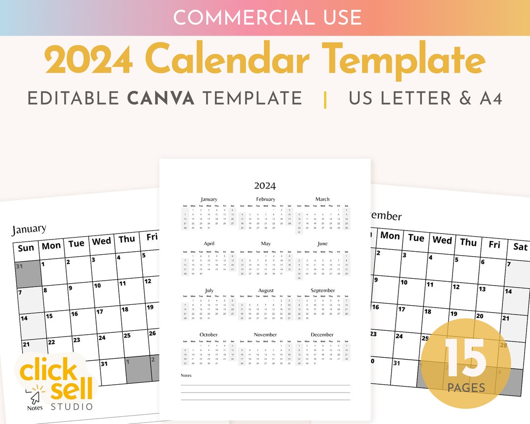 2024 Calendar Editable Canva Template | Commercial Use | Instant ...