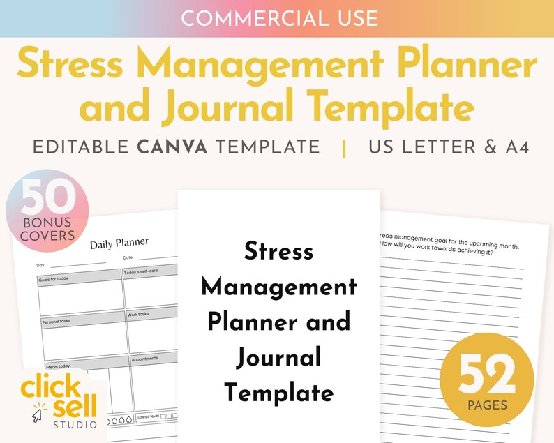 Stress Management Planner and Journal Editable Canva Template - Etsy