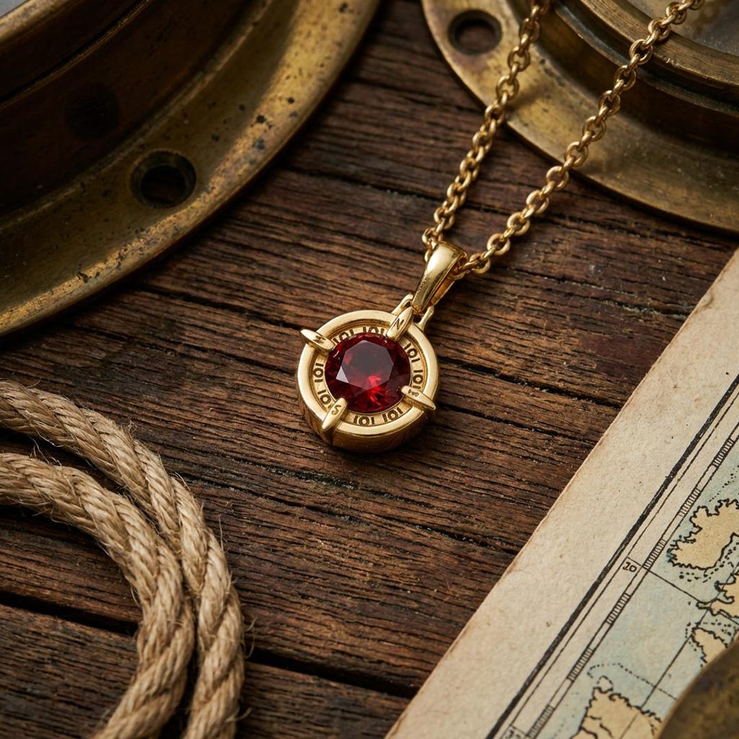 Custom Gold Plated Nautical Compass Necklace With Garnet Gemstone ...