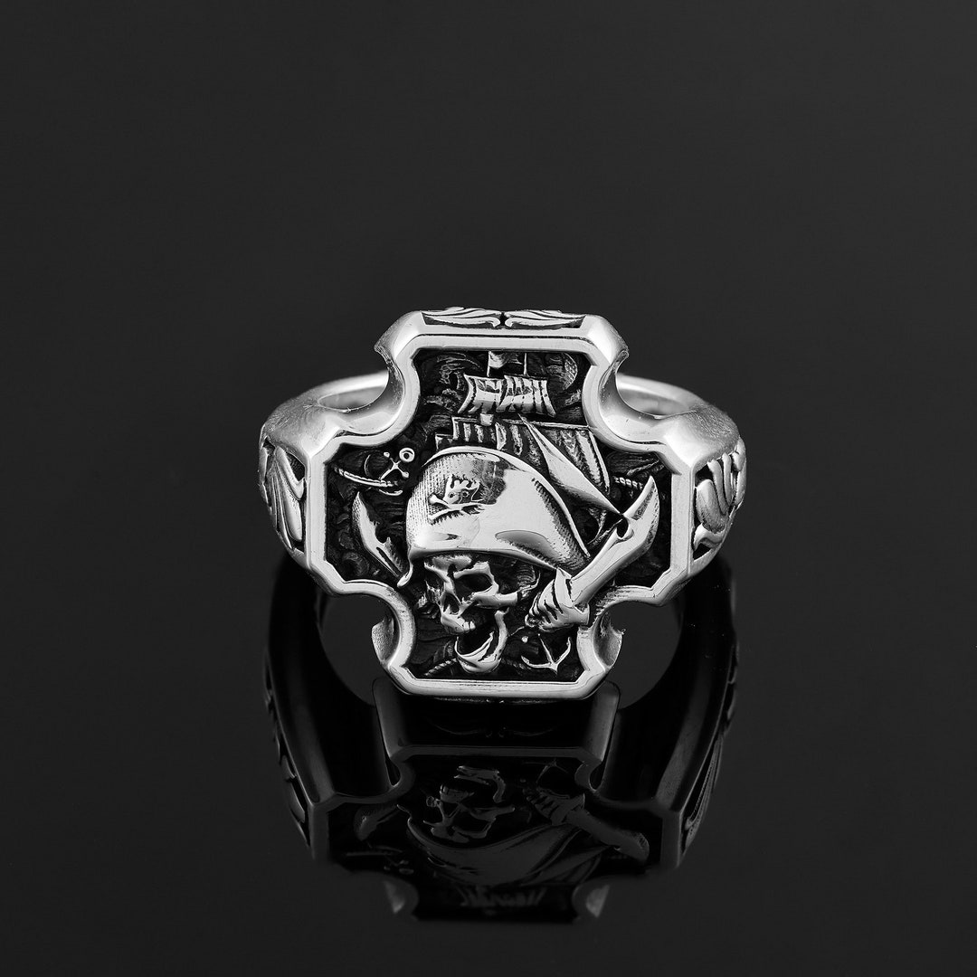 Pirate Skull Silver Signet Ring for Mens , Pattern Anchor Charming Ring ...