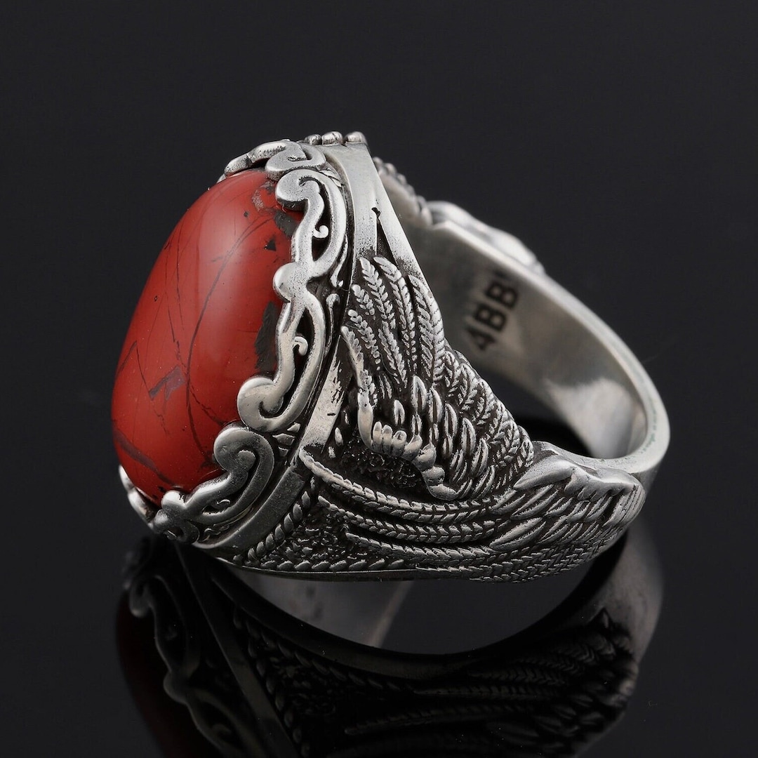 Red Jasper Patterned Silver Ring for Men Wing Signets Charm - Etsy