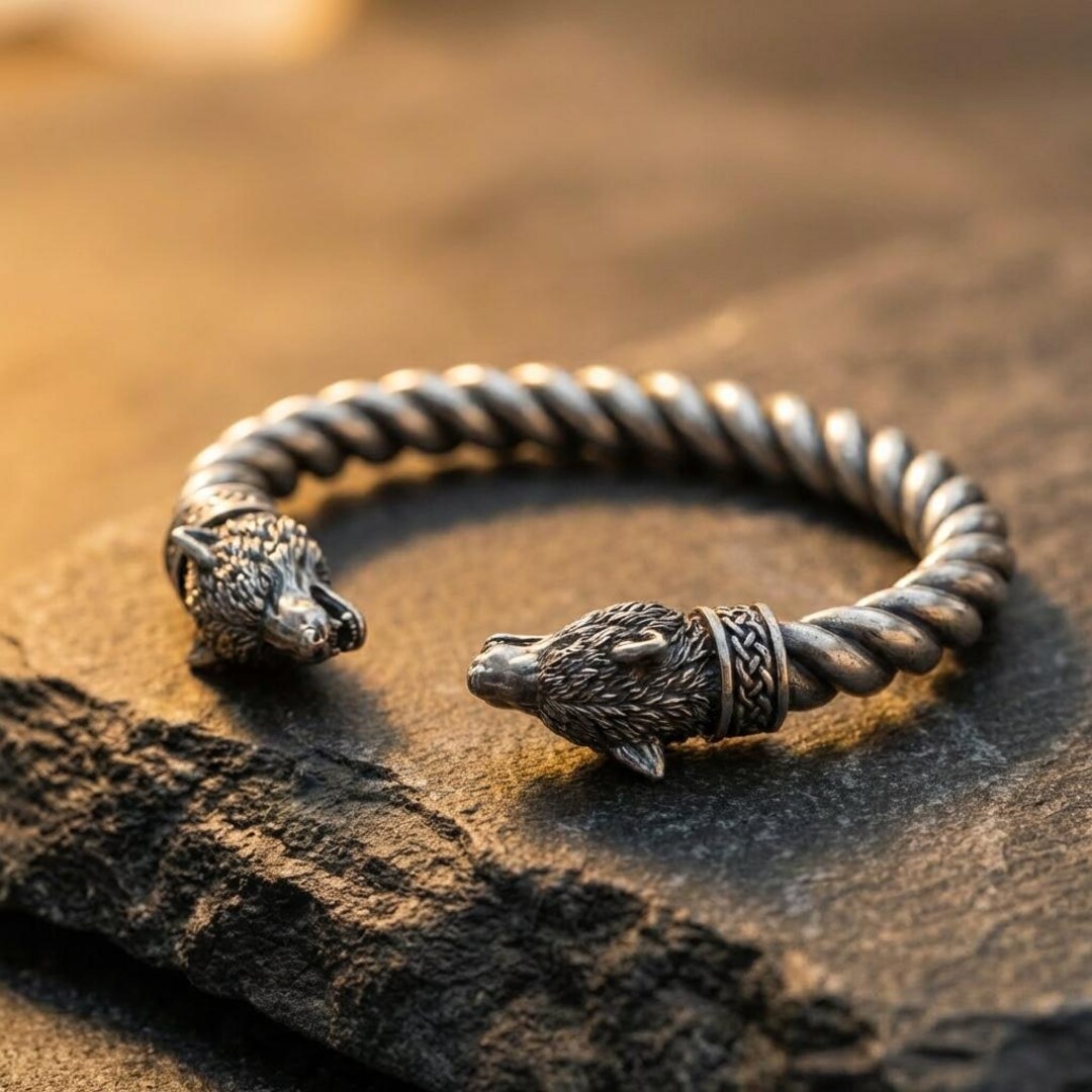 Heavy Odin Wolves Viking Bangle Bracelet - 925 Sterling Silver Nordic ...