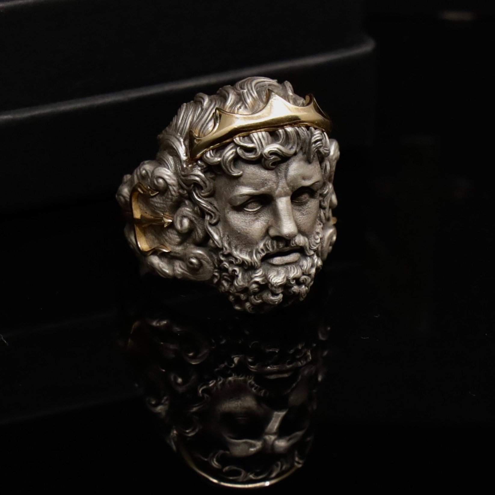 14k Gold Poseidon Silver Ring for Mens , Greek Mythology Charm Jewelry ...