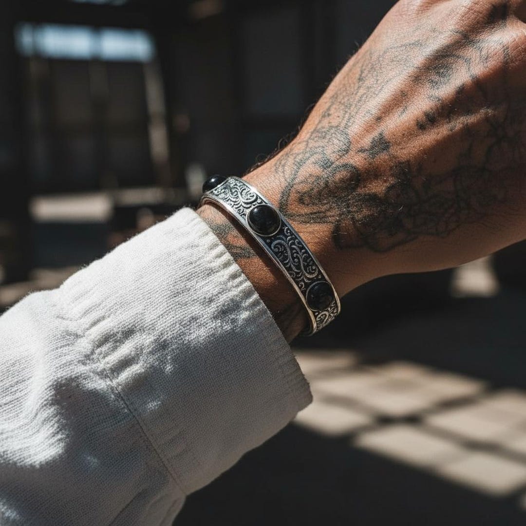 Engraved Onyx Biker Cuff Bracelet - Unique Sterling Silver Bold Jewelry ...