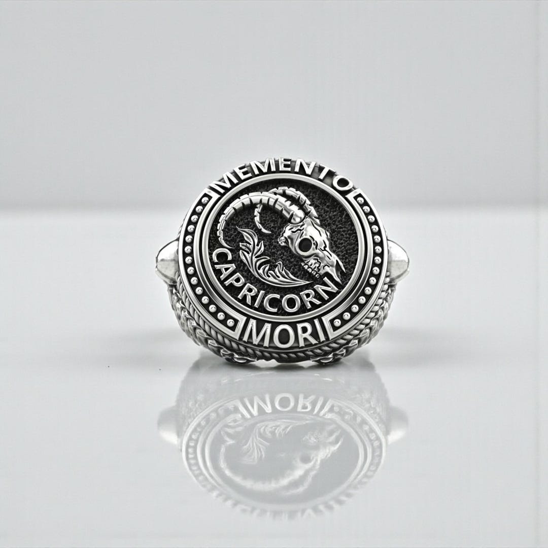 Capricorn Skull Ring for Men - Gothic Sterling Silver Memento Mori ...
