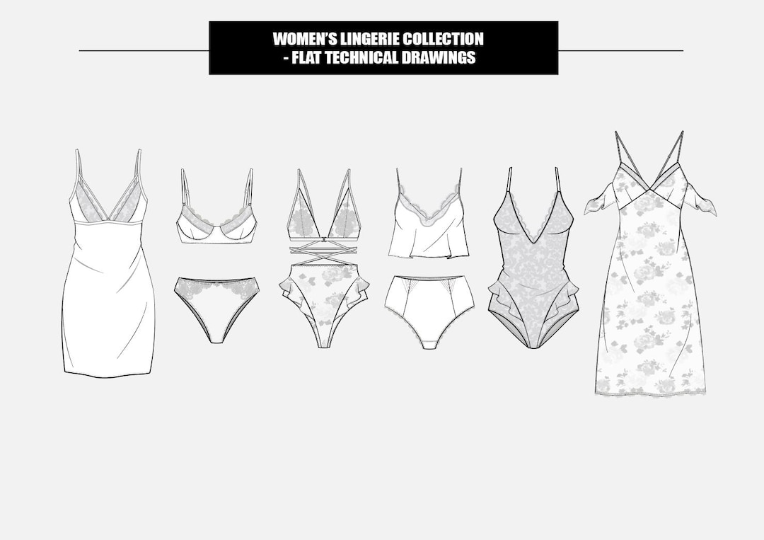 Women Fashion Laces Lingerie Bra Panty Slip Dress Editable Flat ...