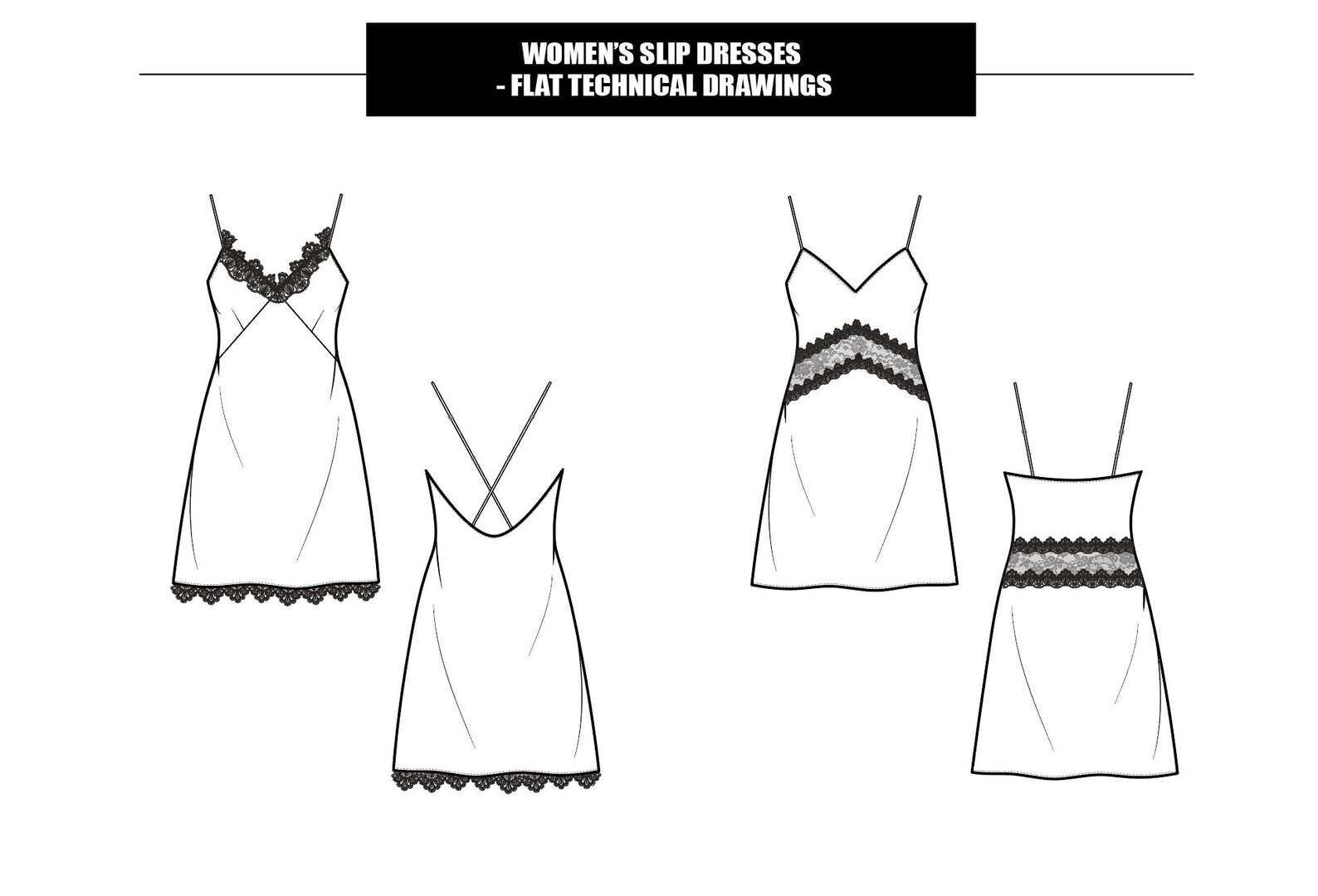 Women Fashion Laces Drapery Short/ Midi Slip Dress Editable Flat ...