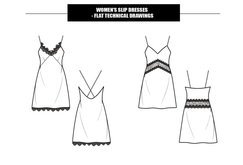 Women Fashion Laces Drapery Short/ Midi Slip Dress Editable Flat ...