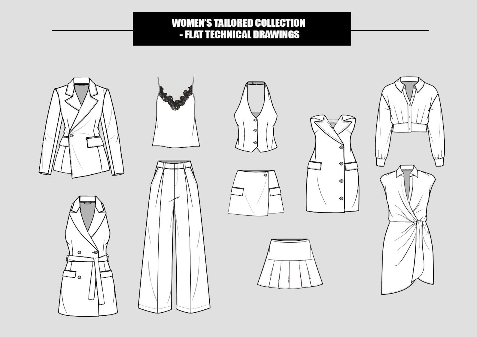 Women Fashion Tailored Bustier Dress Blazer Pants Skirt Shirt Flat ...