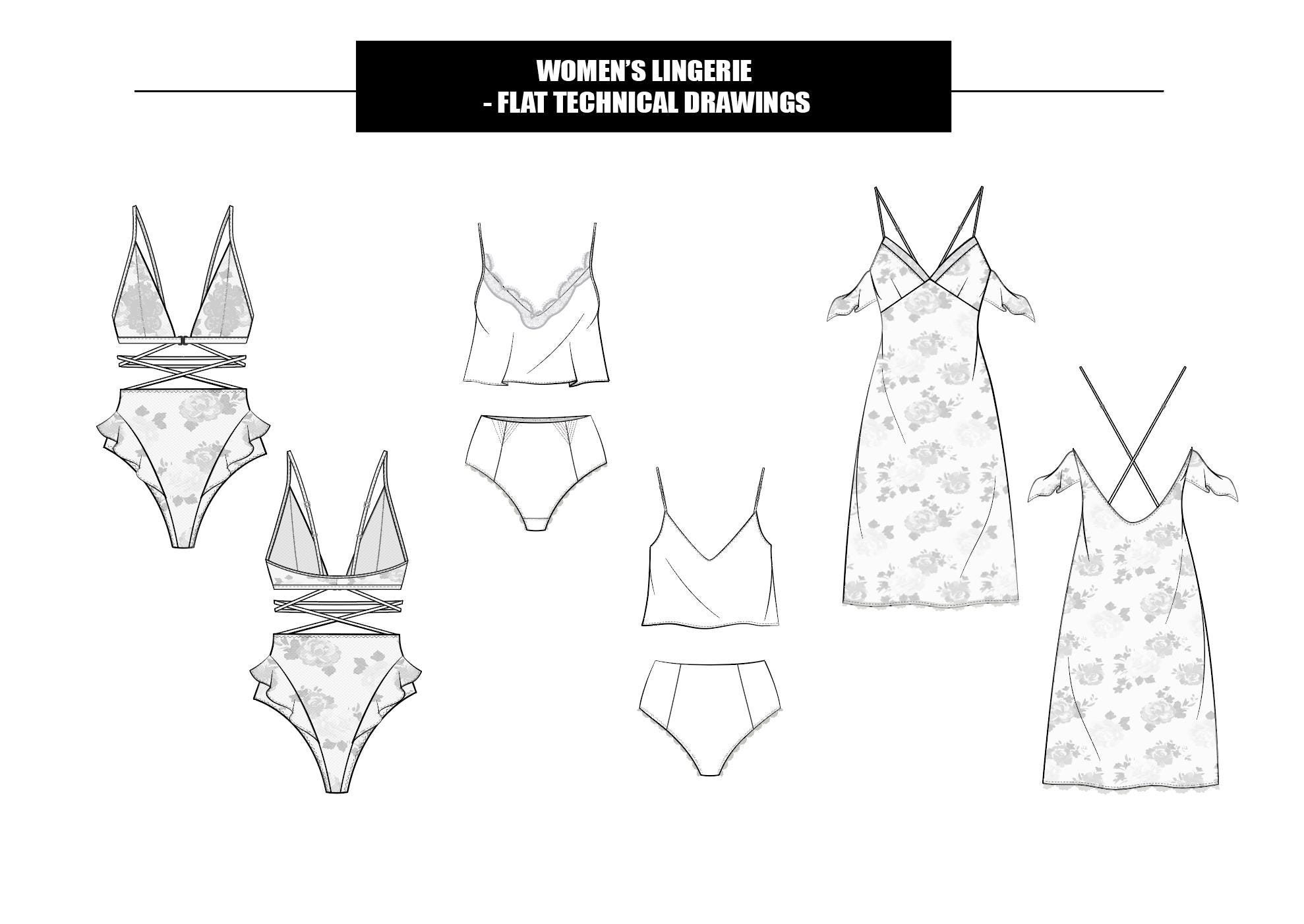 Women Fashion Laces Lingerie Bra Panty Slip Dress Editable Flat ...