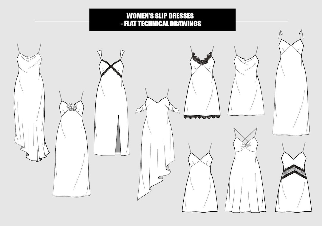 Women Fashion Laces Drapery Short/ Midi Slip Dress Editable Flat ...