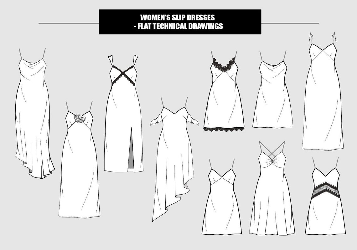 Women Fashion Laces Drapery Short/ Midi Slip Dress Editable Flat ...