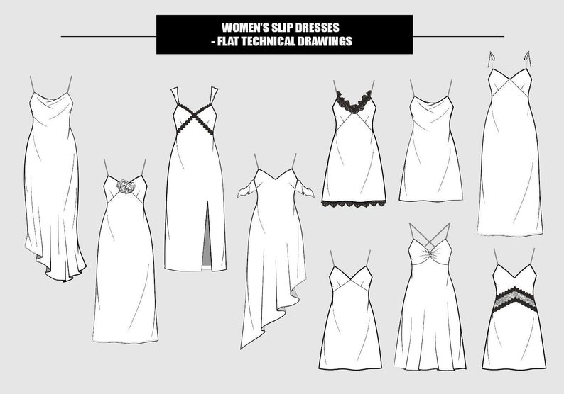 Women Fashion Laces Drapery Short/ Midi Slip Dress Editable Flat ...