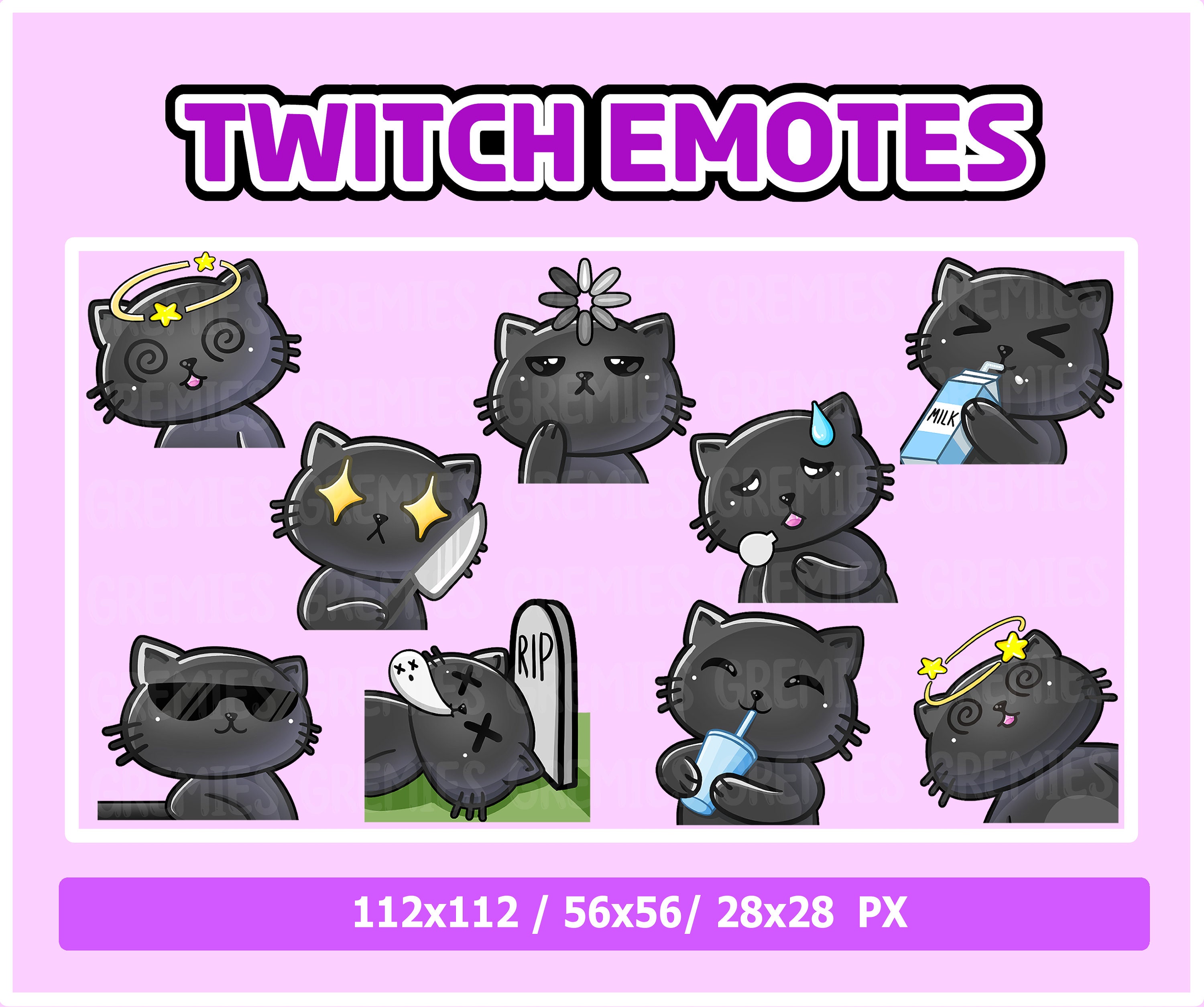 17 Cute Black Cat Emotes Instant Download 112x112 56x56 28x28 Twitch ...