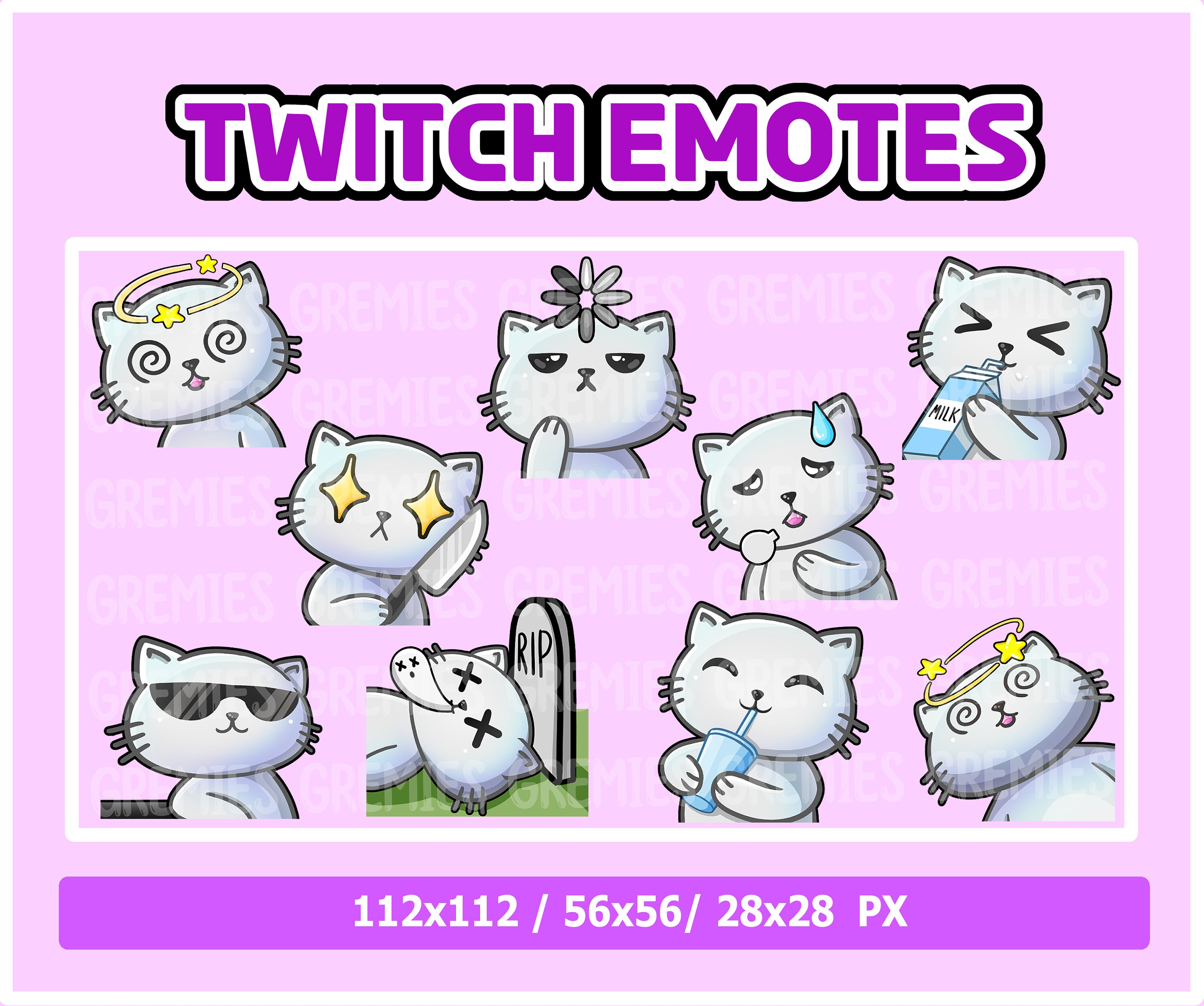 9 Cute White Cat Emotes Instant Download 112x112 56x56 28x28 Twitch ...