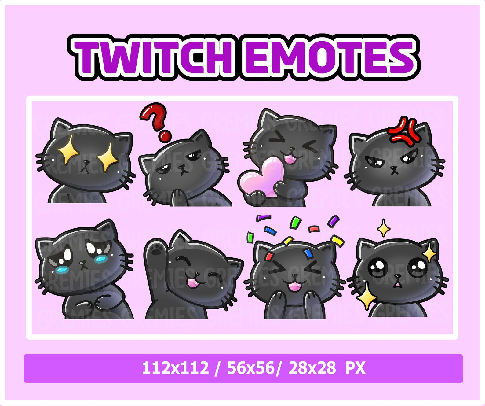 8 Cute Black Cat Emotes Instant Download 112x112 56x56 28x28 Twitch ...