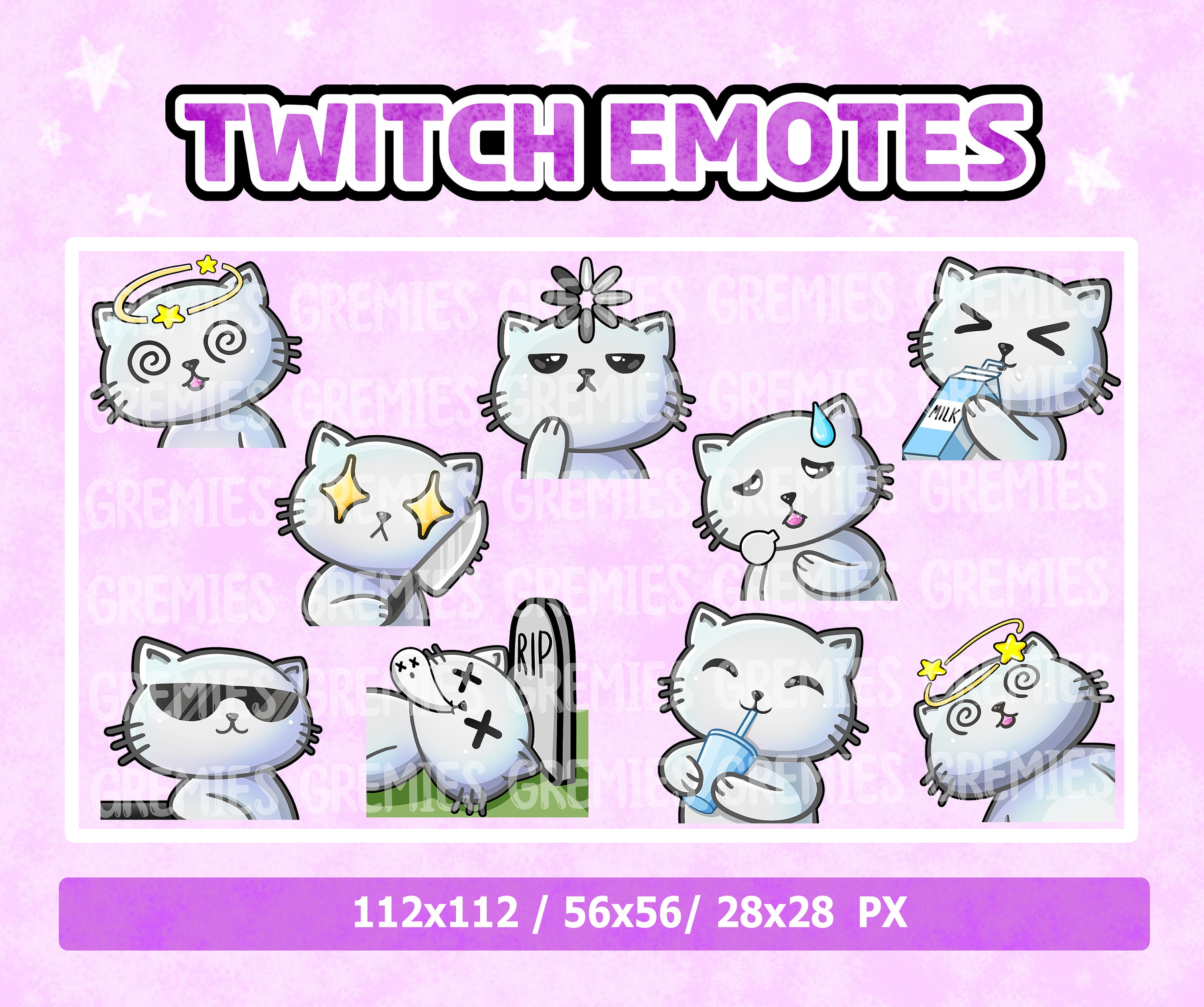 17 Cute White Cat Emotes - Instant Download - 112x112 56x56 28x28 ...