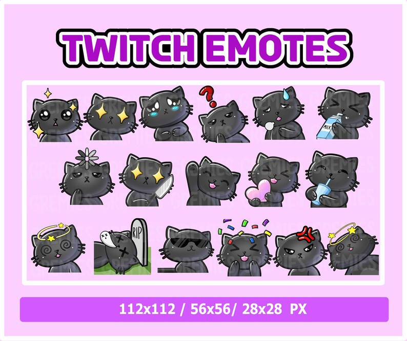 17 Cute Black Cat Emotes Instant Download 112x112 56x56 28x28 Twitch ...