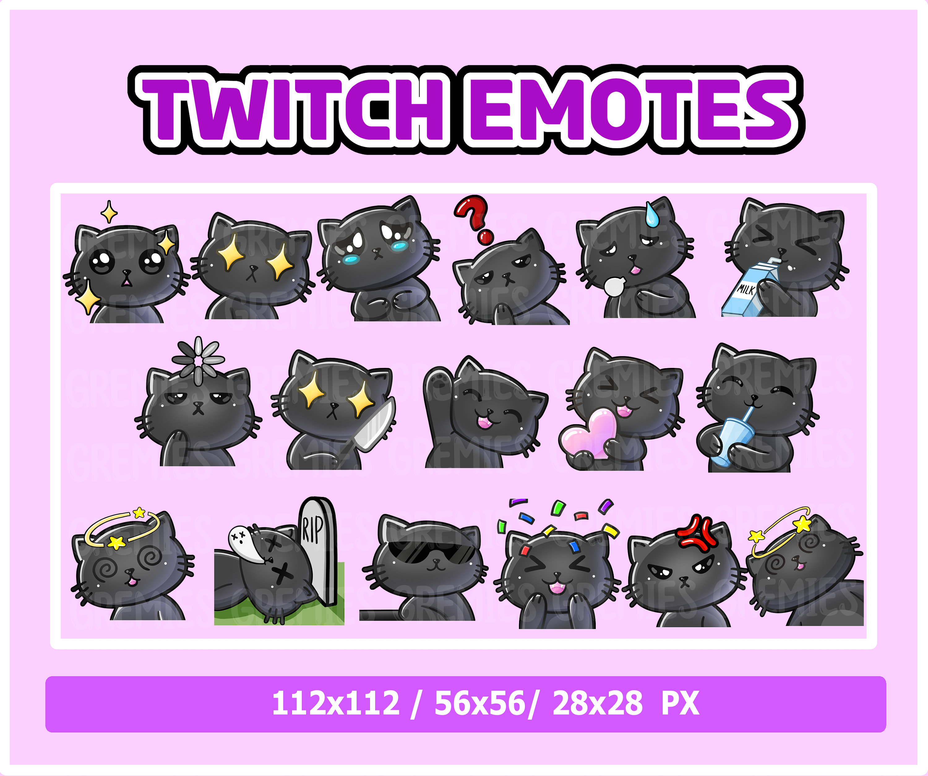 17 Cute Black Cat Emotes Instant Download 112x112 56x56 28x28 Twitch ...