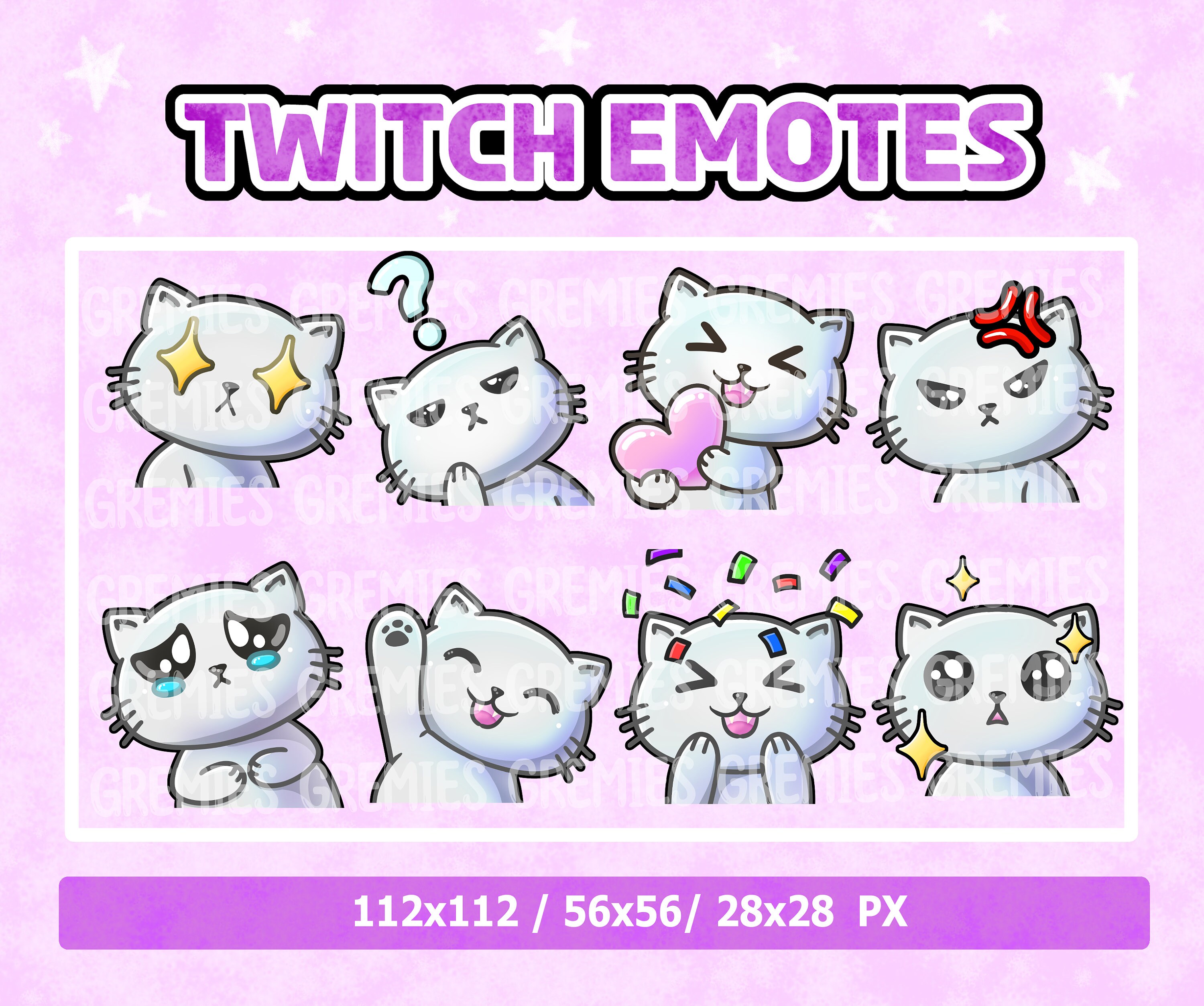 8 Cute White Cat Emotes - Instant Download - 112x112 56x56 28x28 ...