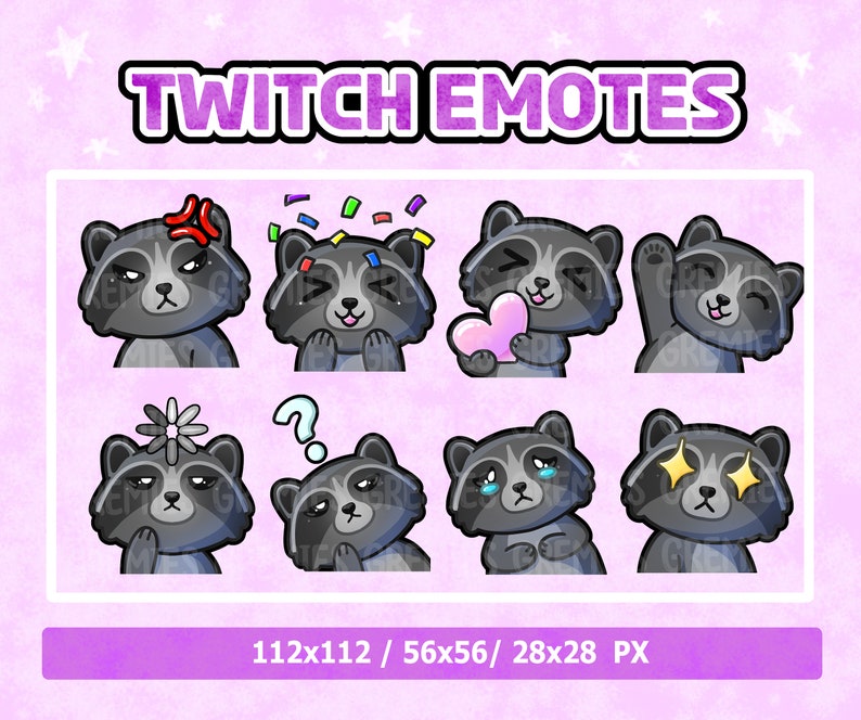 8 Cute Raccoon Emotes Instant Download 112x112 56x56 28x28 Twitch ...