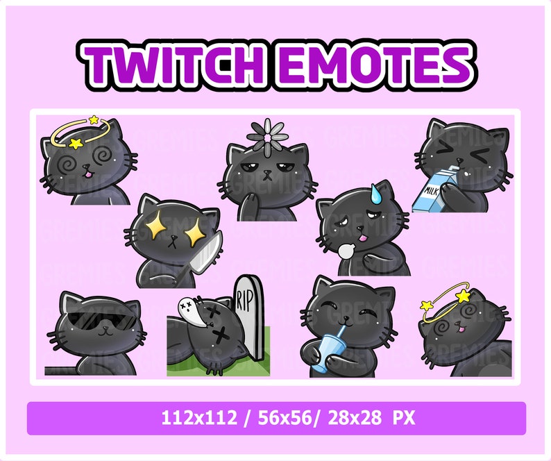 9 Cute Black Cat Emotes Instant Download 112x112 56x56 28x28 Twitch ...