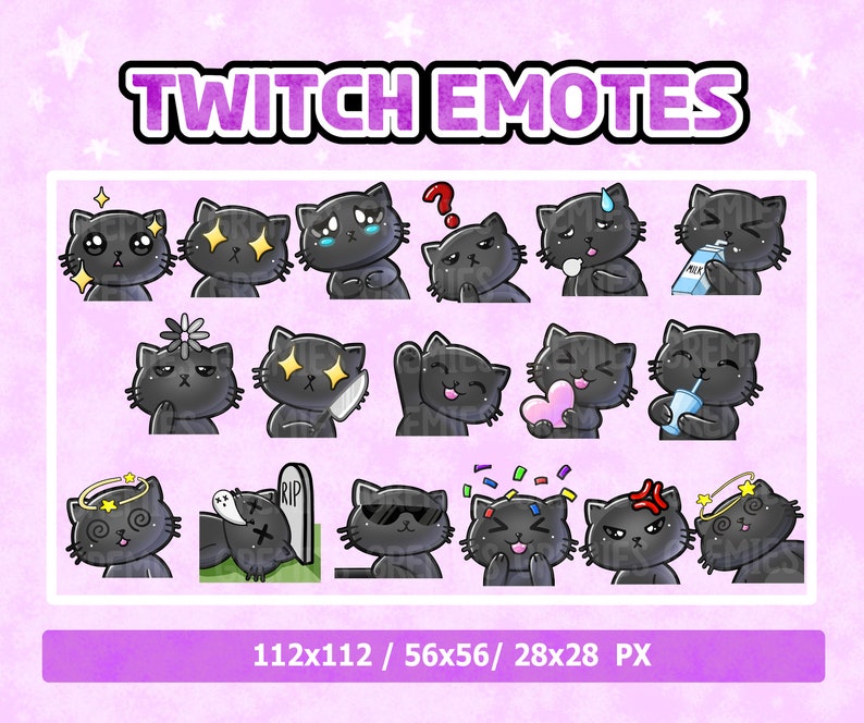 17 Cute Black Cat Emotes - Instant Download - 112x112 56x56 28x28 ...