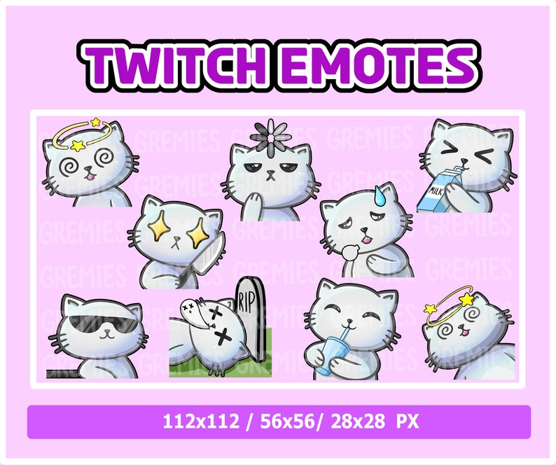 17 Cute White Cat Emotes Instant Download 112x112 56x56 28x28 Twitch ...