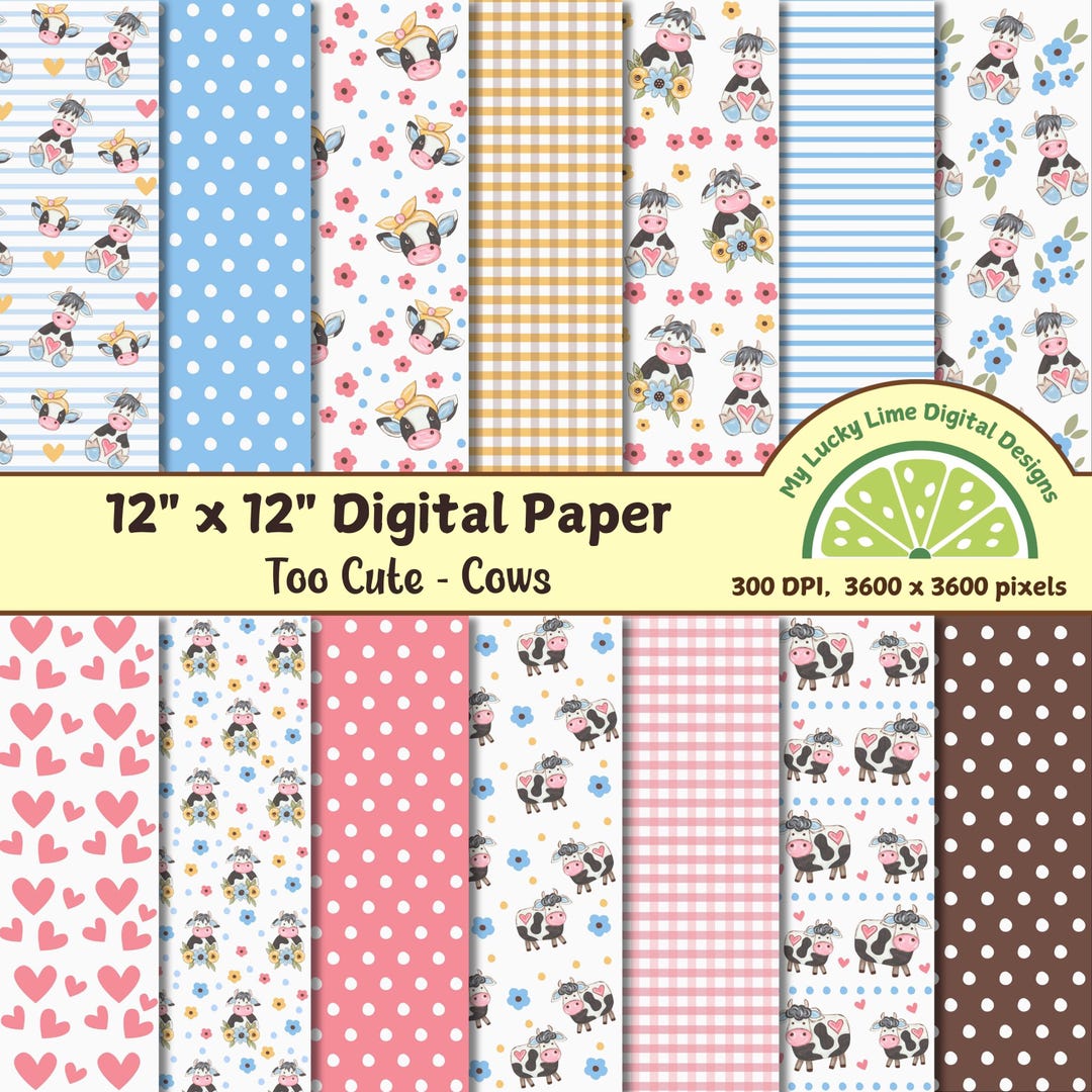 Cute Cow Digital Papers, Printable Scrapbook Paper, Card Making ...
