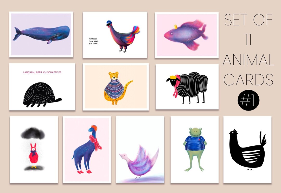 Set of 11 Greeting Cards A6, Animal Greeting Cards, Animal Cards Set ...
