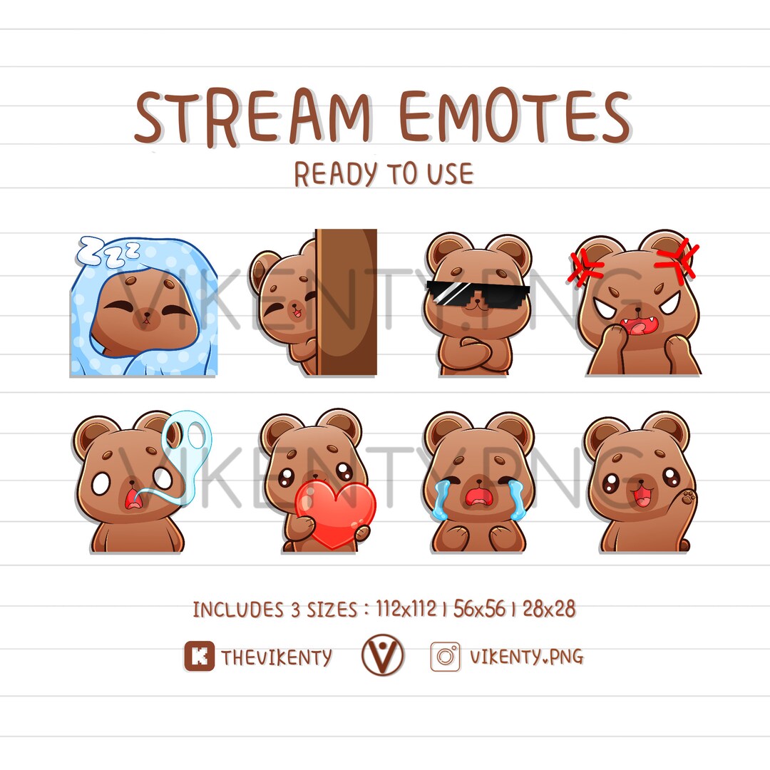 Cute Brown Bear Emote Twitch X8 Stream Kawaii Bear Overlay Badges Chibi ...