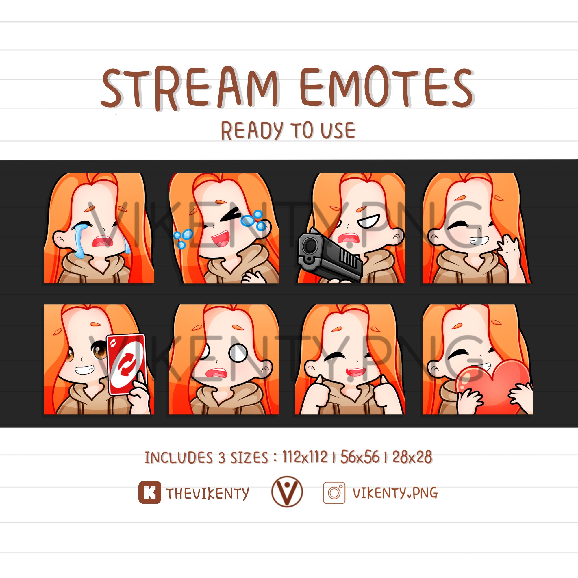 Ginger Hair Girl Emote Twitch X8 Stream Kawaii Chibi Overlay Badges ...