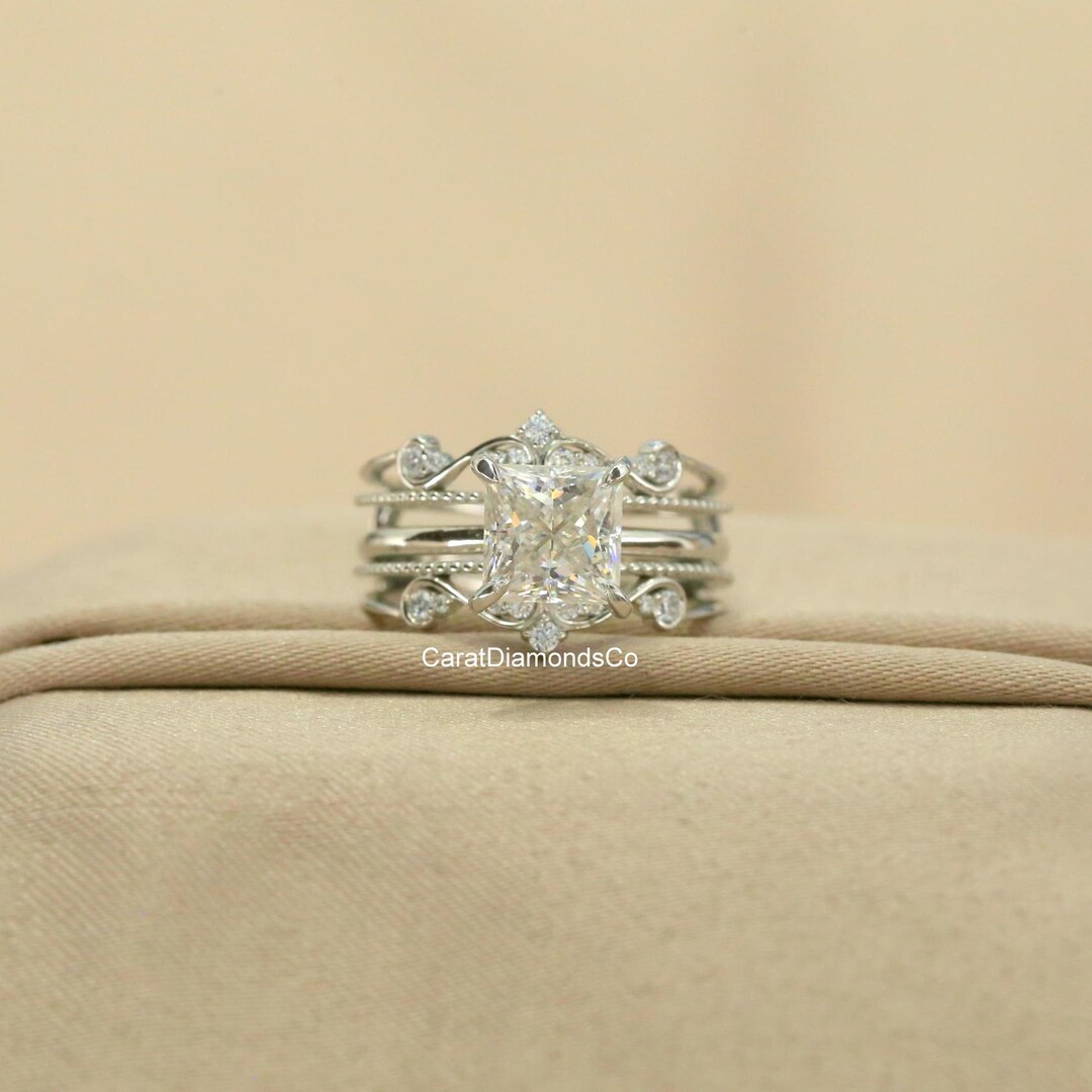 Vintage Style Diamond Insert Ring Set, 7 Mm Princess Cut Moissanite ...