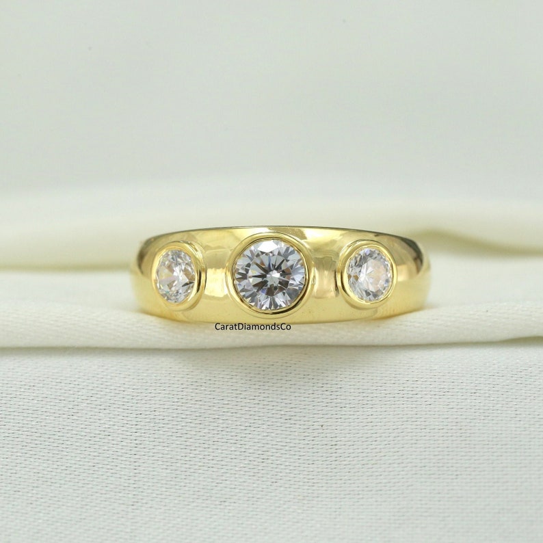 Three Stone Bezel Set Wedding Ring, 1 TCW Round Brilliant Cut Colorless ...