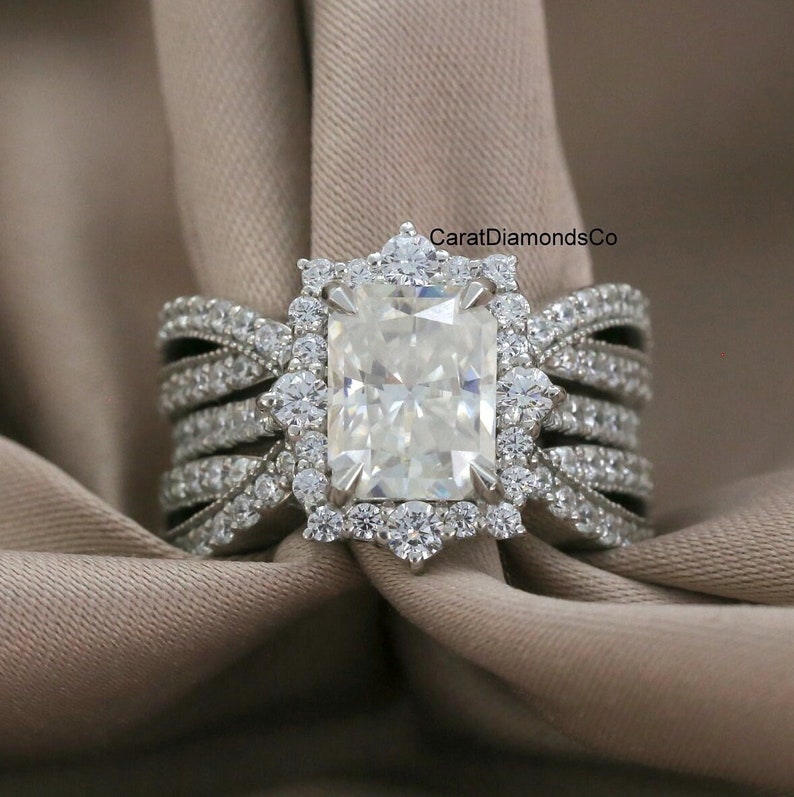 925 Sterling Silver Bridal Ring Set, 9X7 MM Radiant Cut Moissanite Engagement Ring, Matching ...