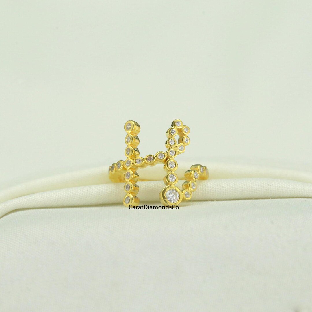 Large Alphabet Letter H Diamond Ring, Bezel Set Round Lab Grown Diamond ...
