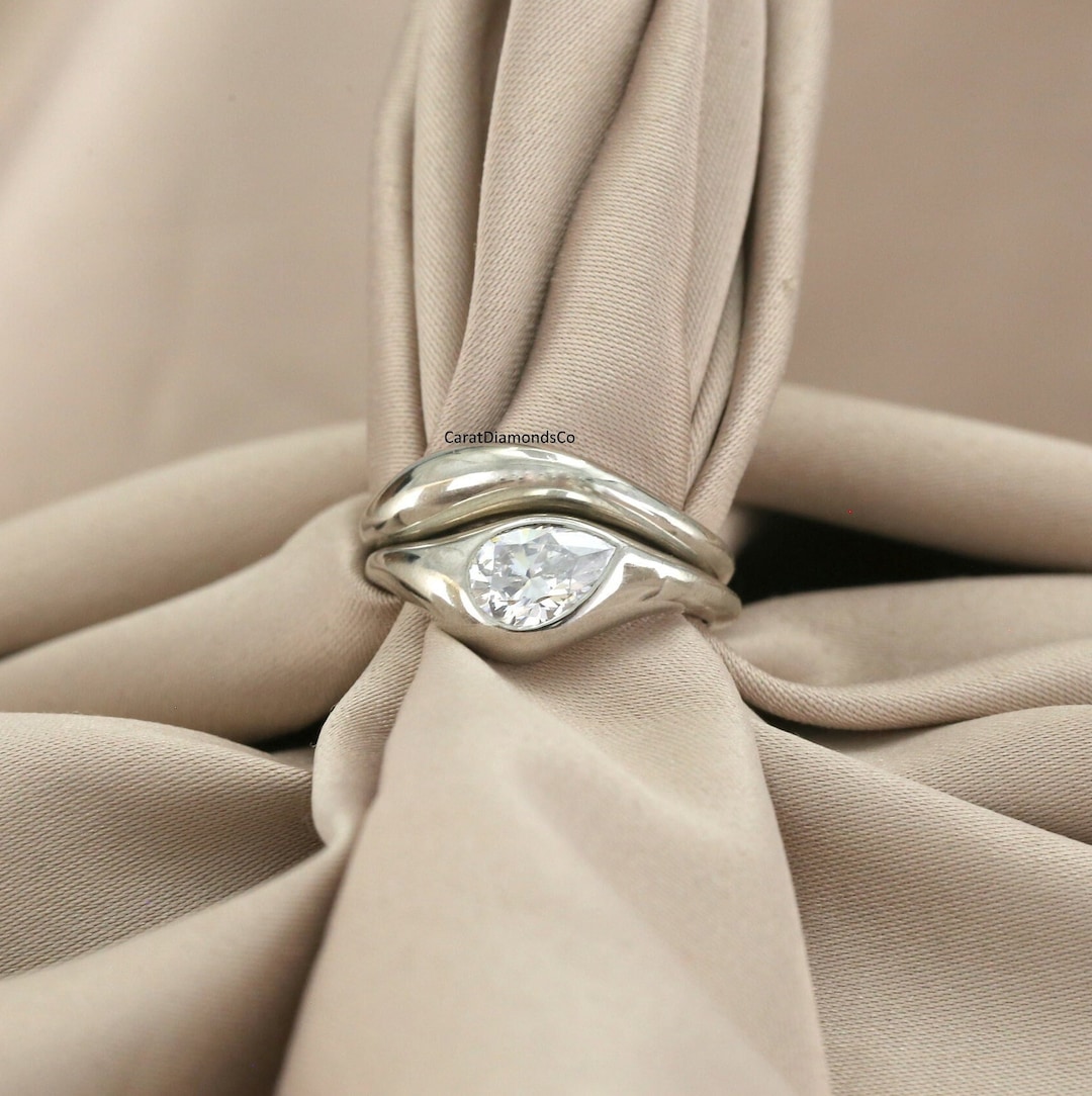 East to West 2 CT Pear Cut Moissanite Wedding Ring, Attached Curved ...
