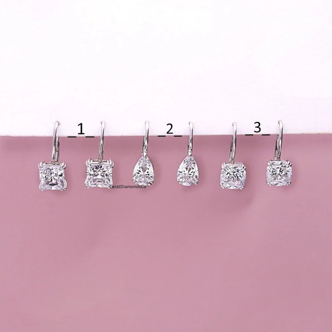 Princess Pear & Cushion Cut Moissanite Solitaire Earrings, Double Claw ...