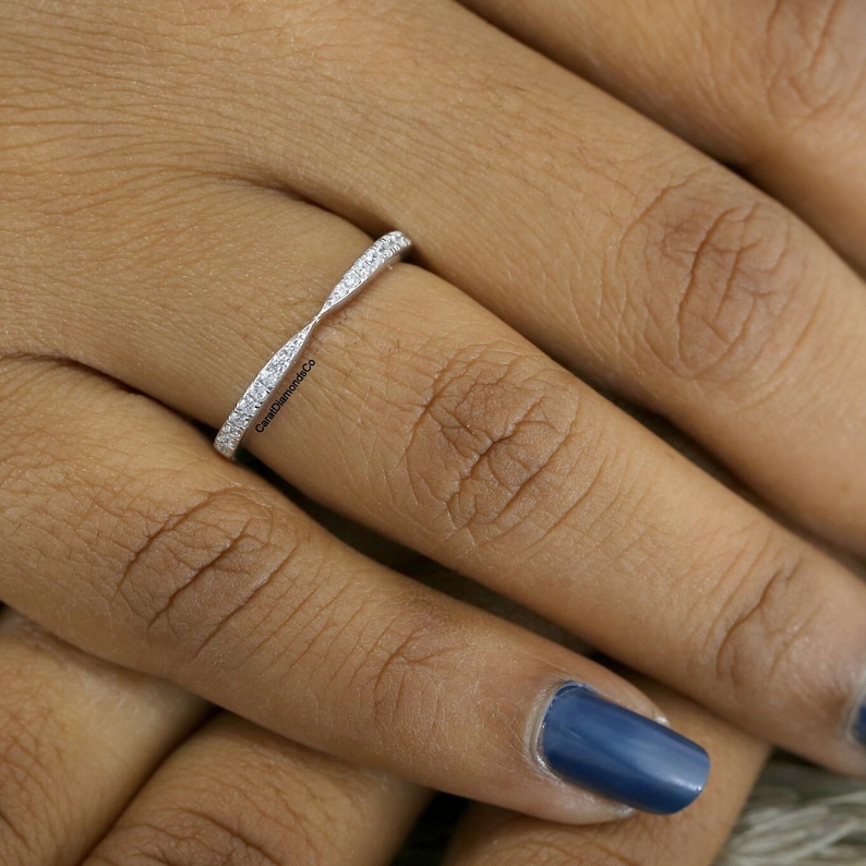 Bow Tie Shaped Wedding Band, Round Moissanite Band in 14K White Gold ...